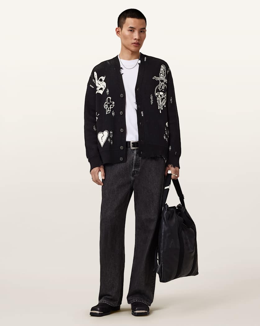 Caledon Oversized Jacquard Cardigan BLACK/CHALK WHITE | ALLSAINTS US